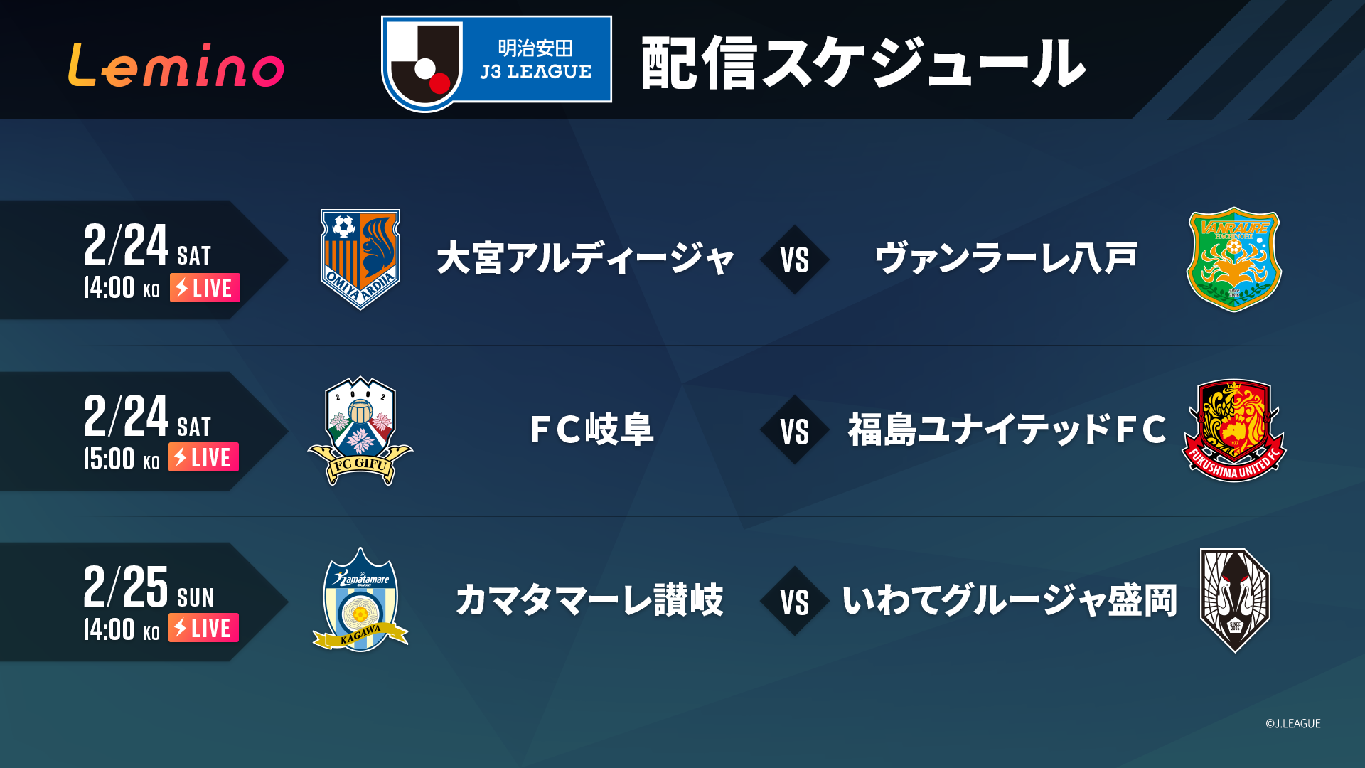 2024 J3 ヴァンラーレ八戸・いわてグルージャ盛岡・福島ユナイテッドFCの全試合を無料生配信＆見逃し配信